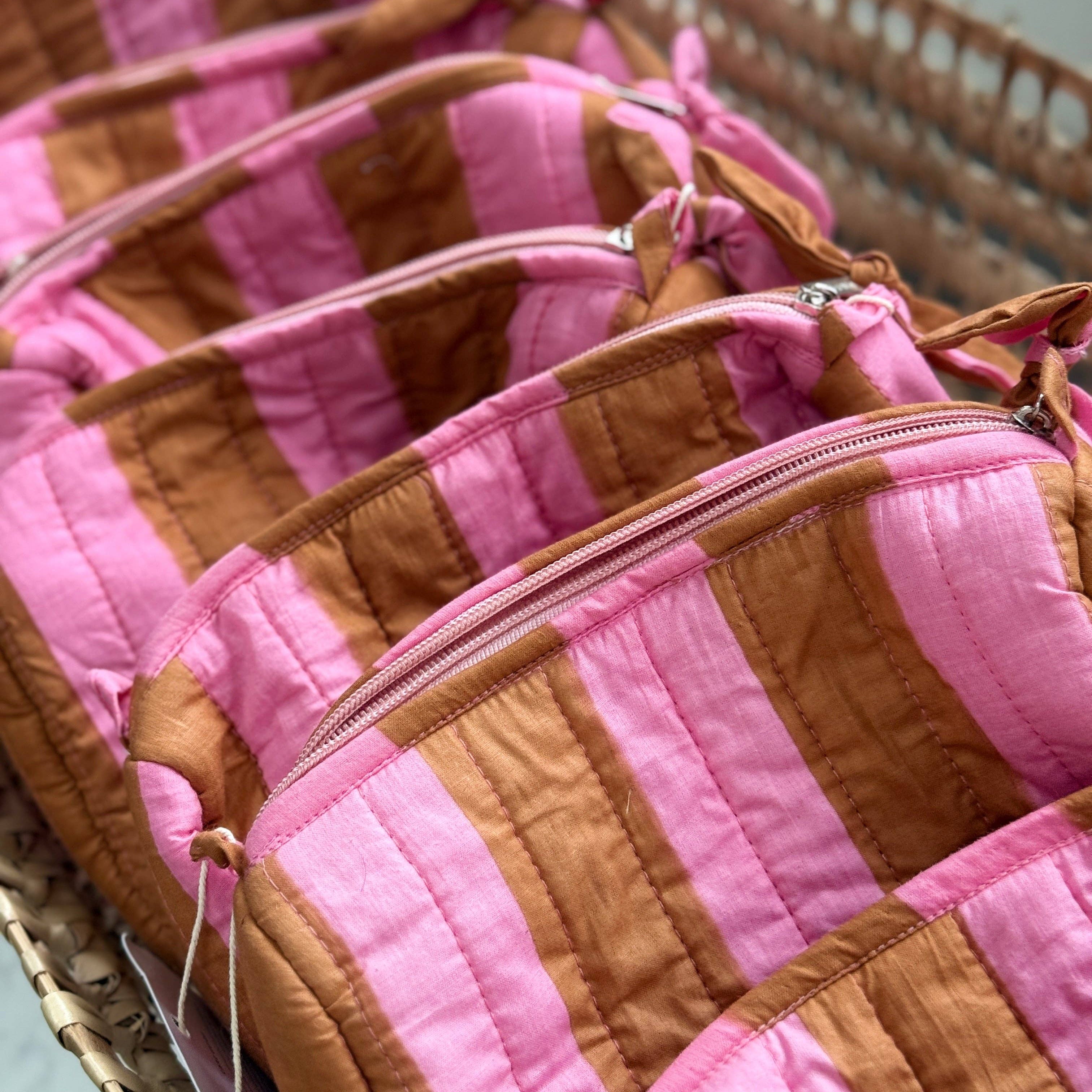 Hand Block Printed Wash Bag in Gold and Pink Stripe – Quince & Cook